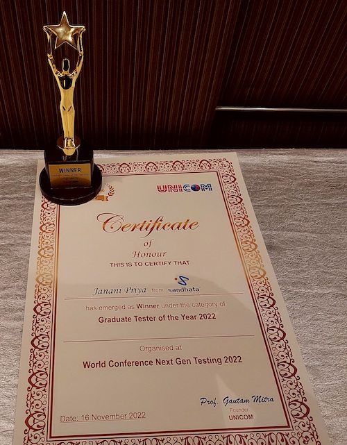 Janani Priya - award and certificate - Sandhata